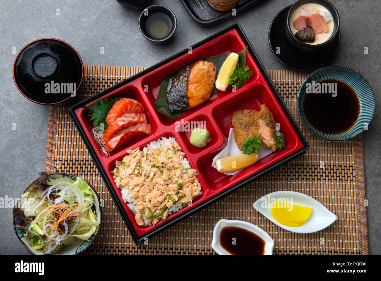 japanese bento set with teriyaki salmon and tempura Stock Photo - Alamy