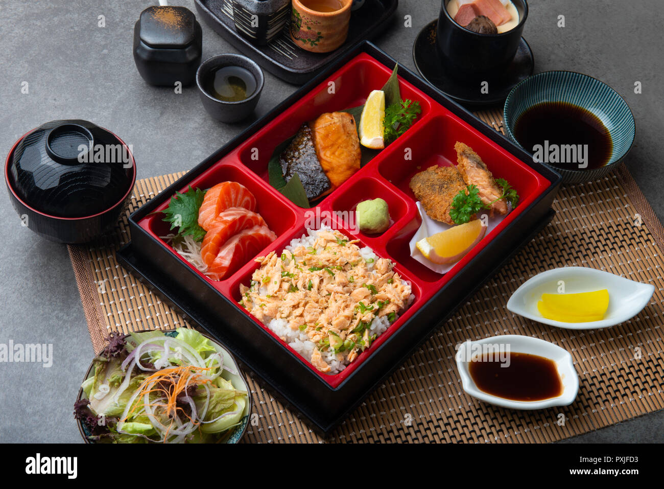 japanese bento set with teriyaki salmon and tempura Stock Photo - Alamy