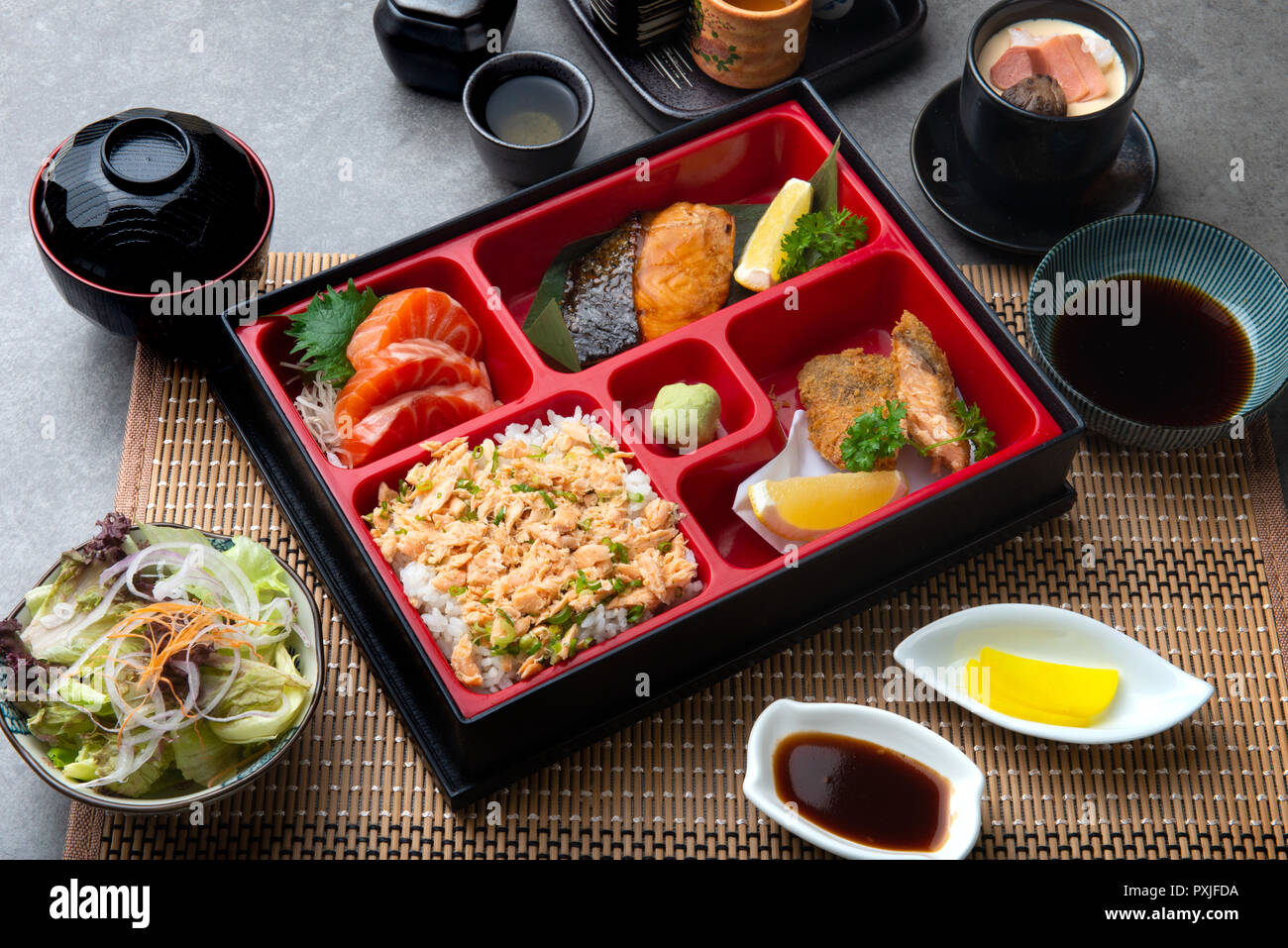 japanese bento set with teriyaki salmon and tempura Stock Photo - Alamy