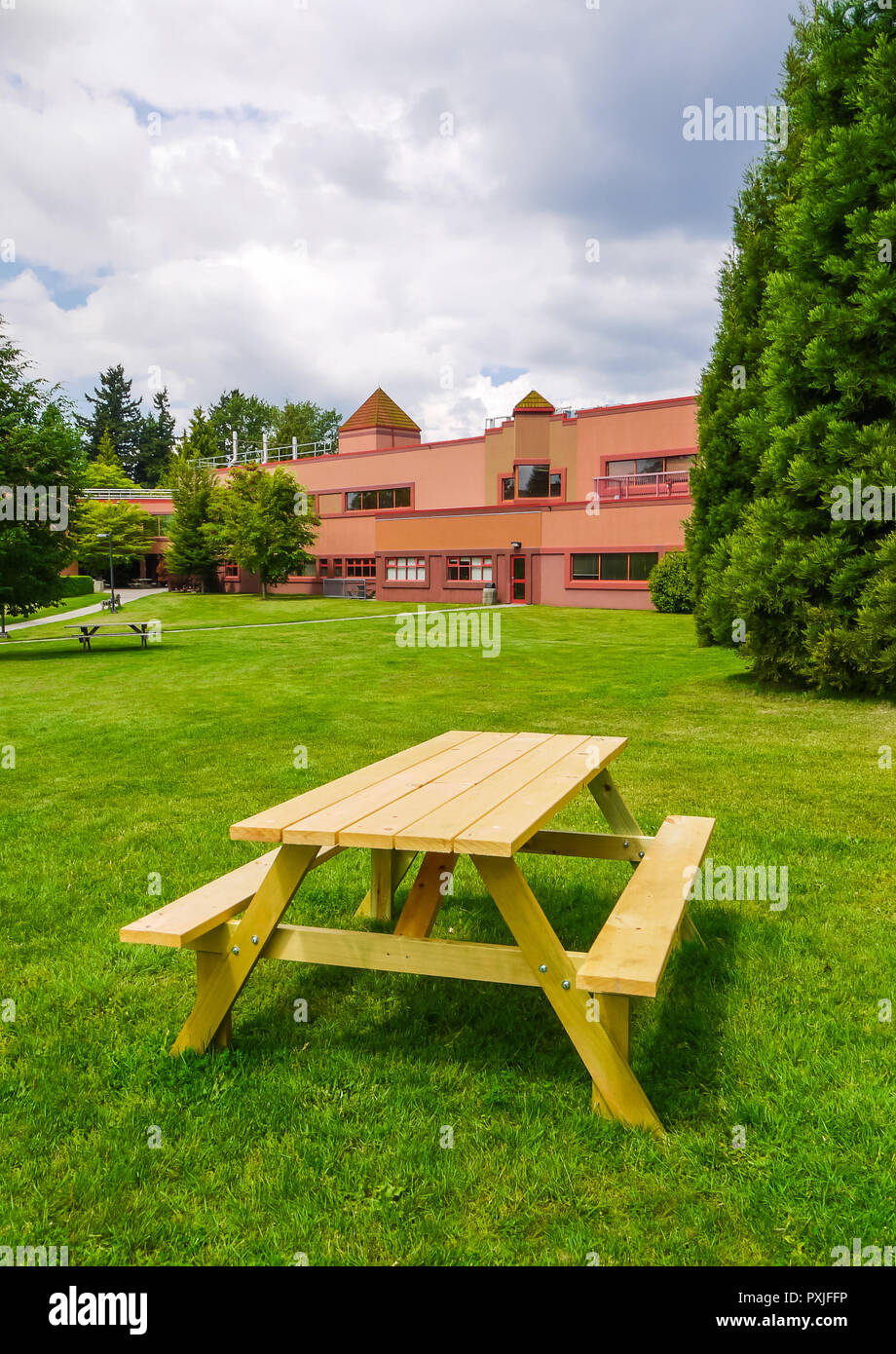 Small recreation area with picnic table on green lawn in a park Stock ...