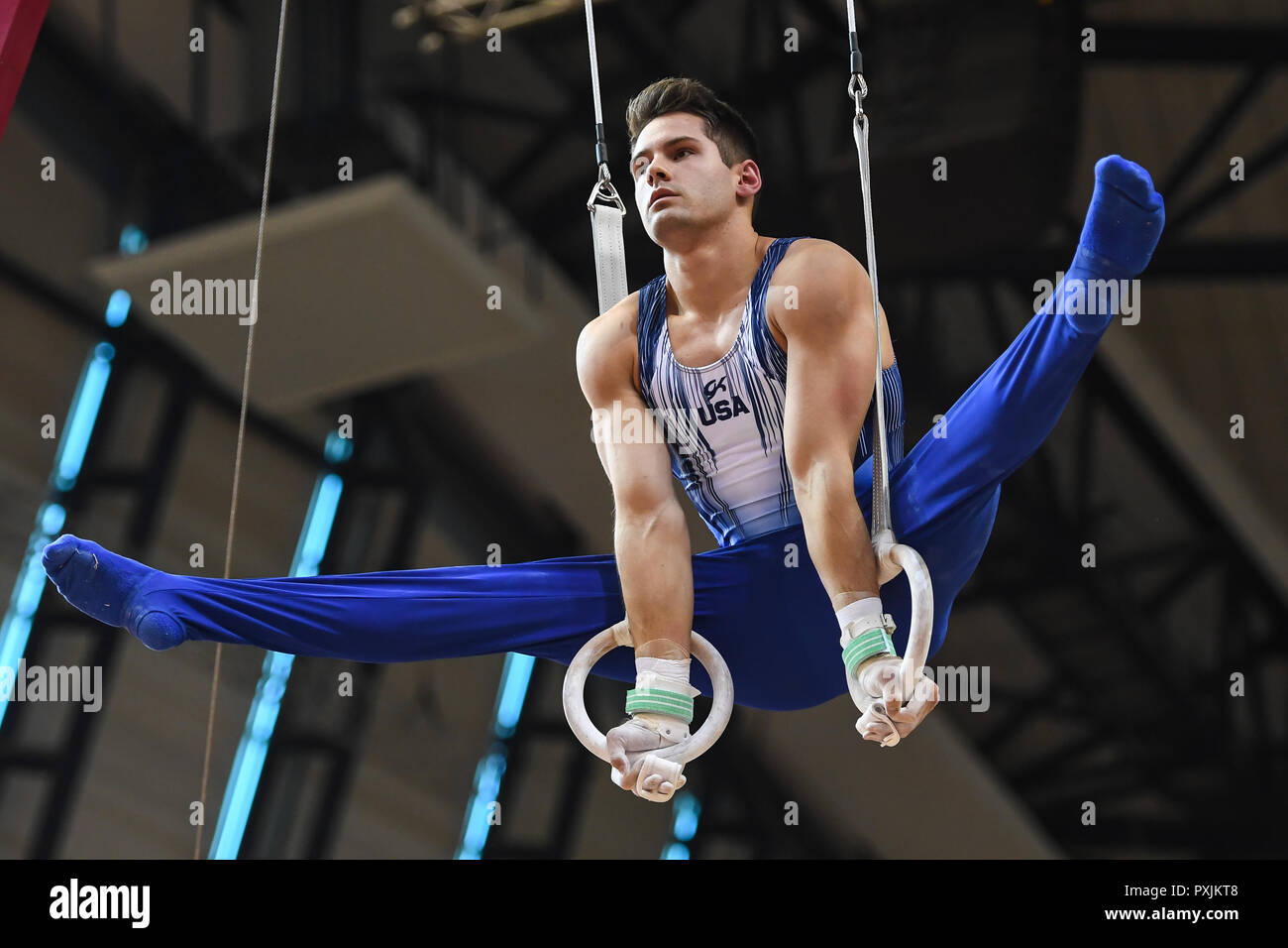 Doha, Qatar. 22nd Oct, 2018. ALEC YODER practices on the still rings ...