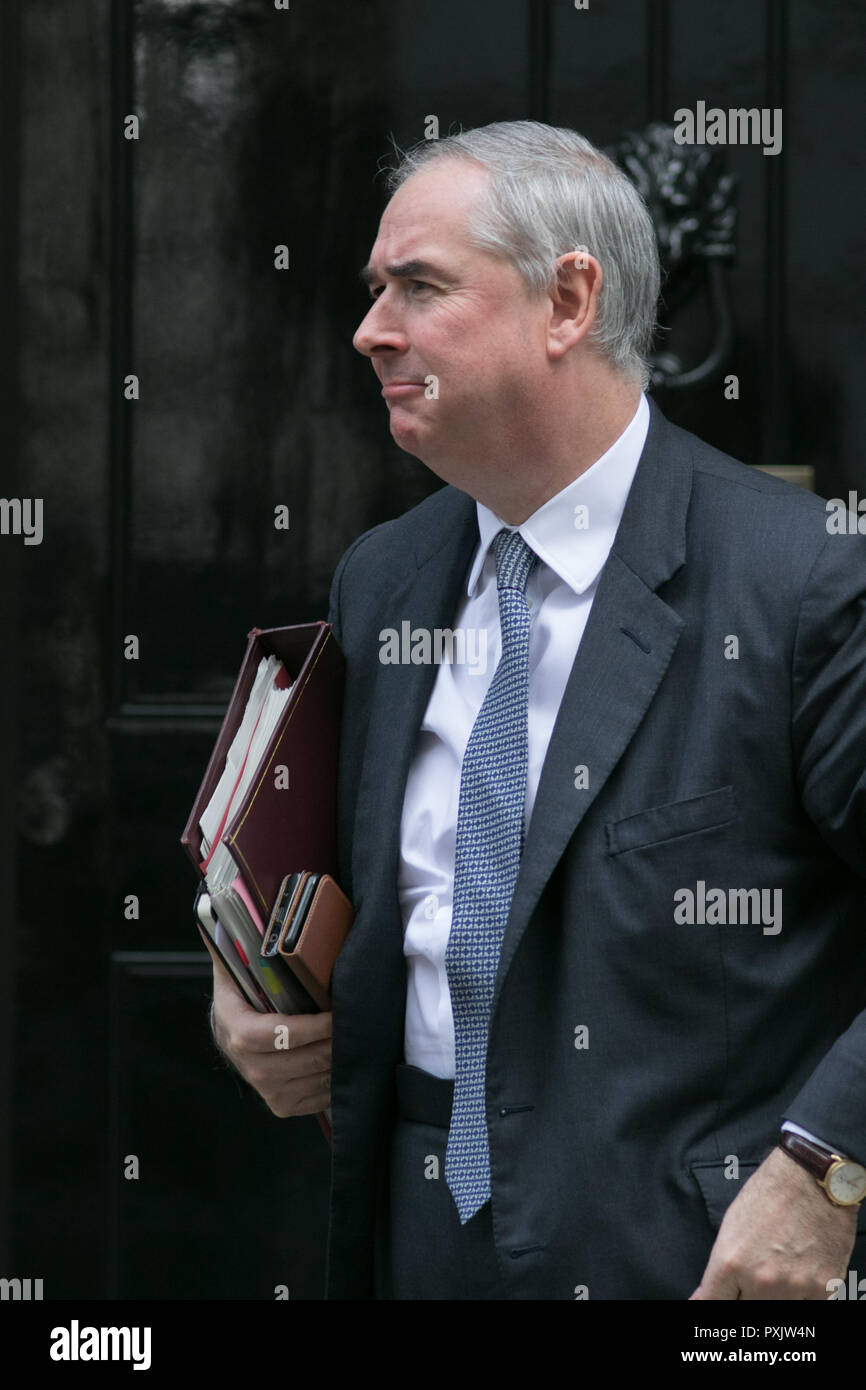 London UK. 23rd October 2018. Geoffrey Cox QC, leaves Downing Street ...