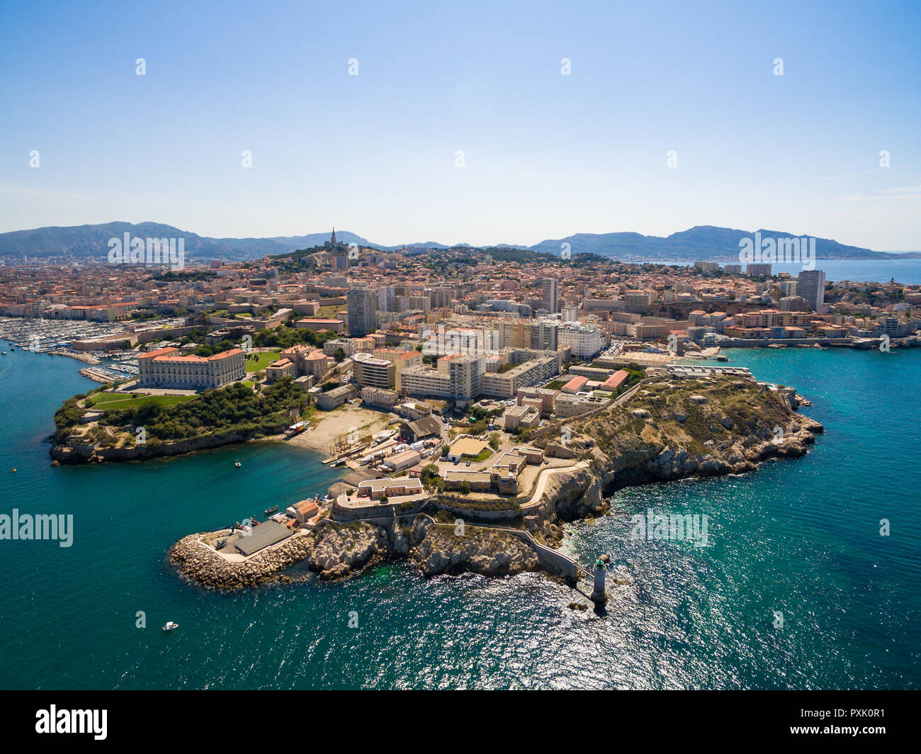 Aerial view of Marseille pier - Vieux Port, Saint Jean castle, and ...