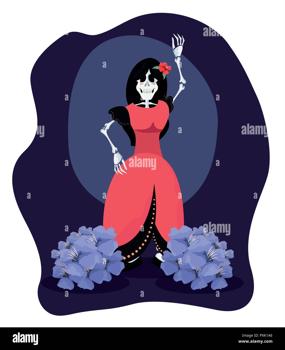 day of the dead frame skeleton using dress flowers vector illustration ...