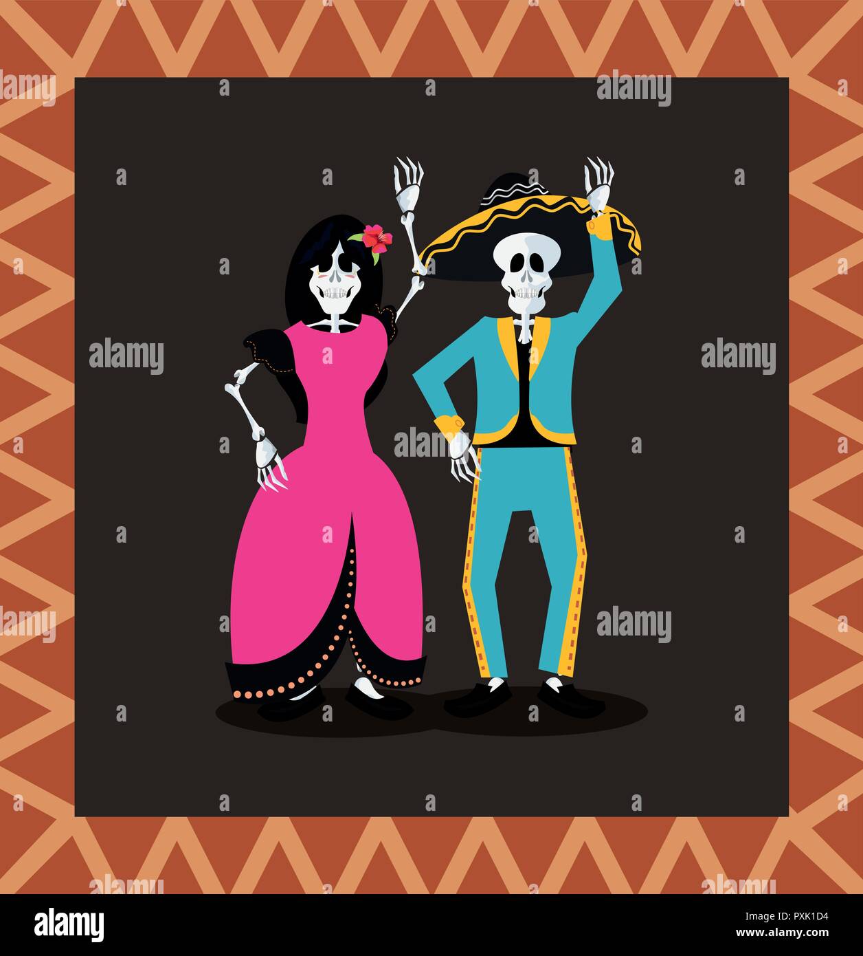 day of the dead frame skeletons customes hands up vector illustration ...