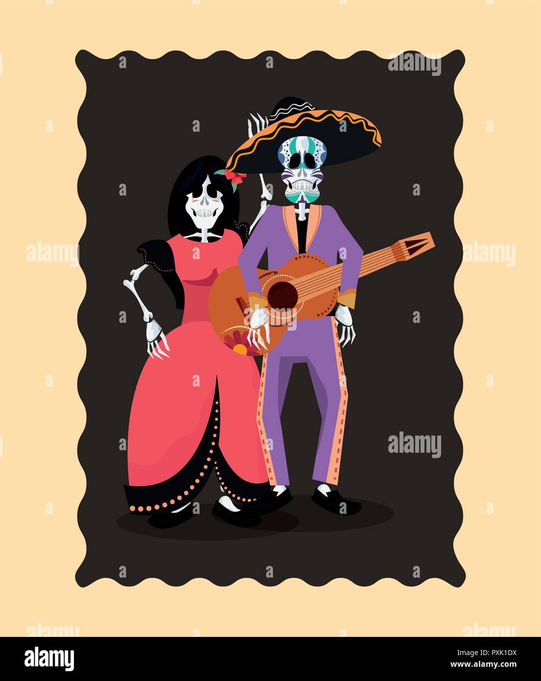 day of the dead skeletons frame play guitar vector illustration Stock ...