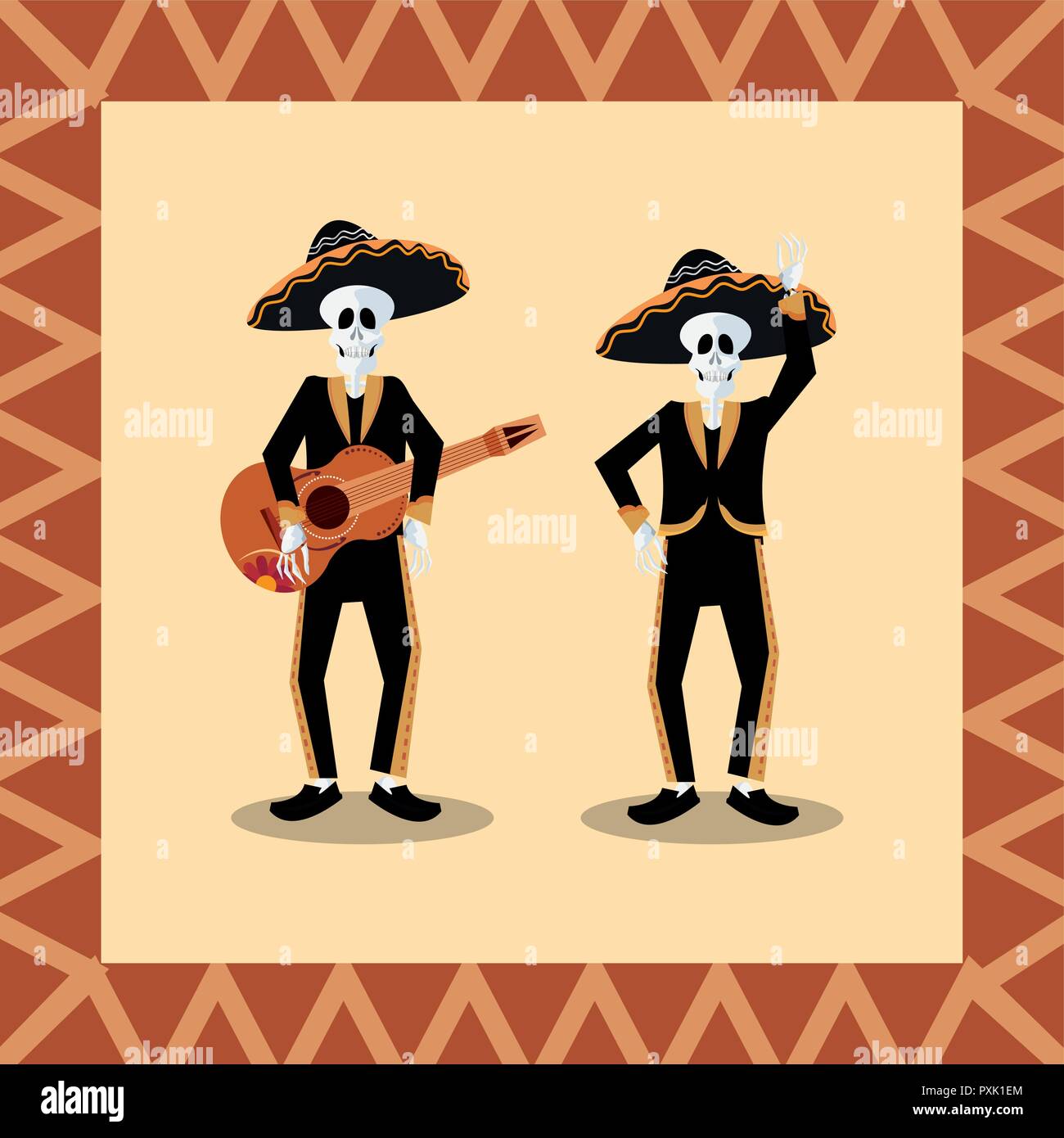 day of the dead skeletons dancing mariachi costume frame vector ...