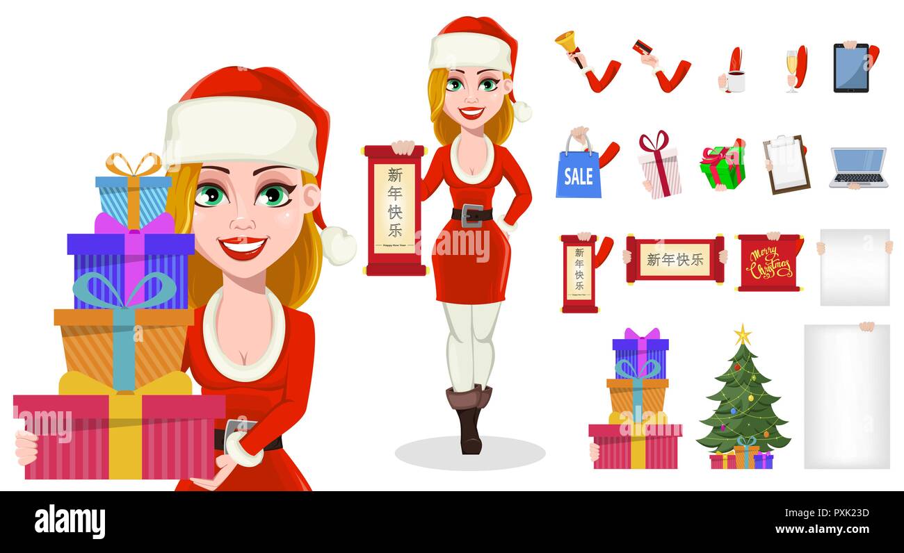 Merry Christmas. Beautiful woman in Santa Claus costume, cartoon ...