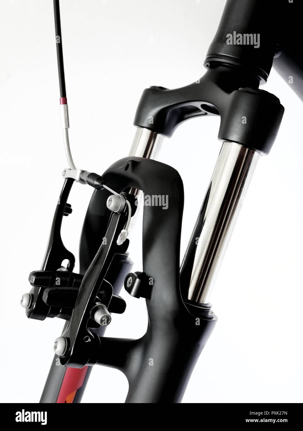 Front suspension of bicycle isolated on white, unusual angle Stock ...