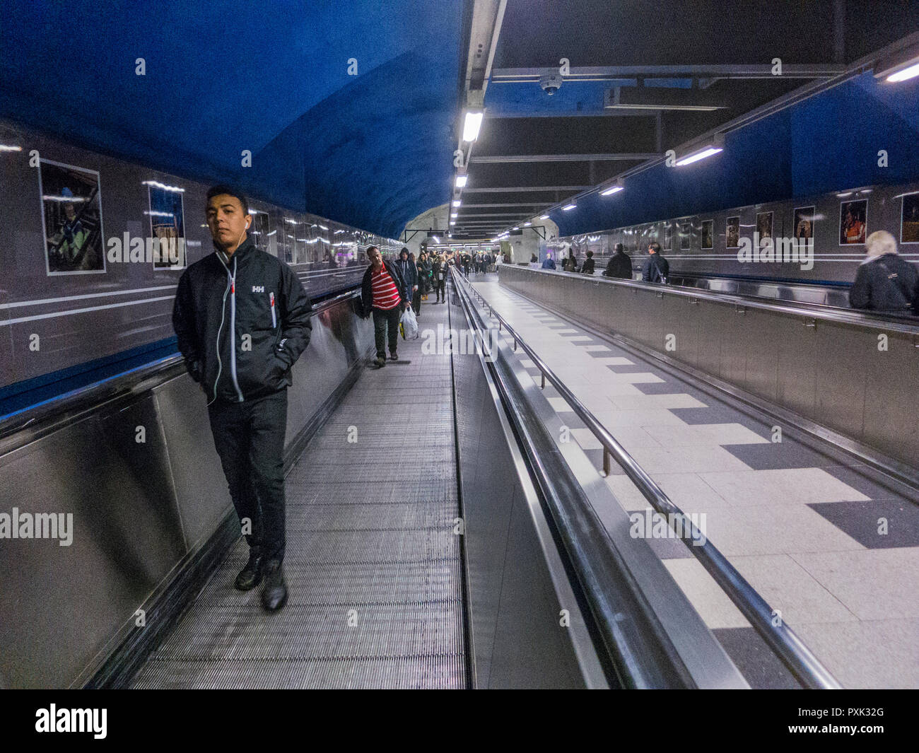 Moving sidewalk in the Stockholm subway that connects the blue line ...