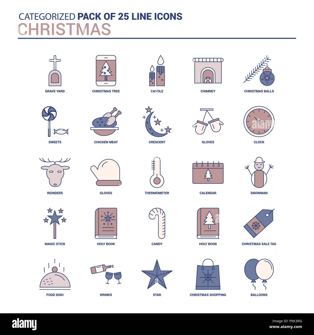 Vintage Christmas Icon set - 25 Flat Line icon set Stock Vector Image ...