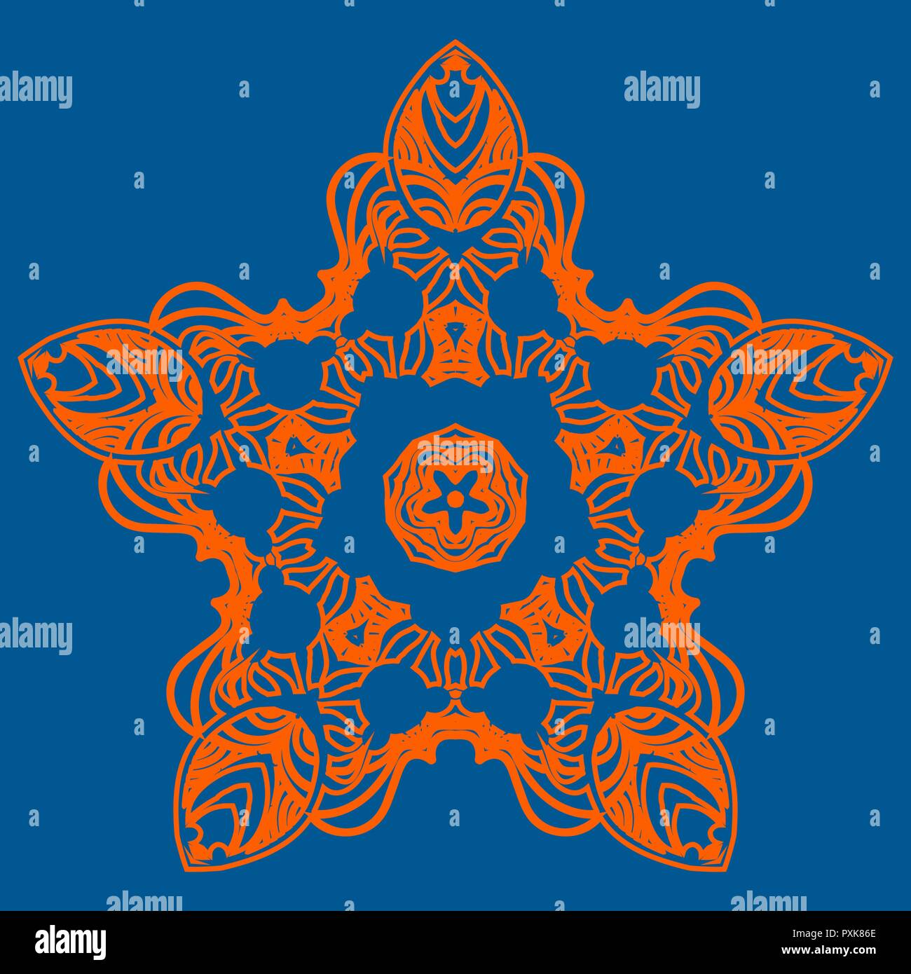 Orange five corner star ornate snowflake icon on teal-blue background ...