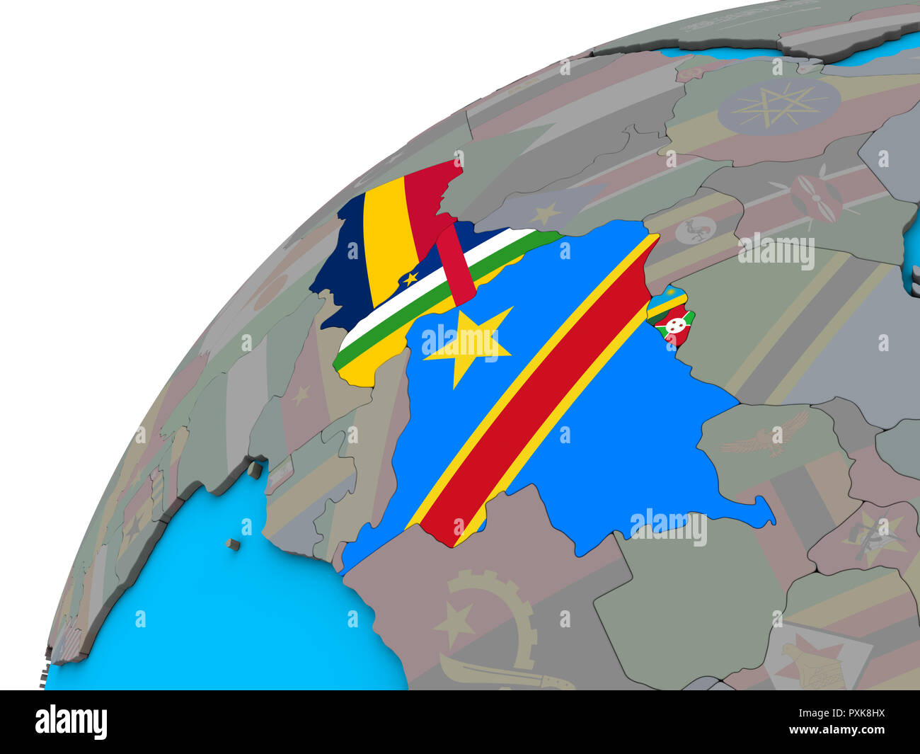Central Africa with national flags on 3D globe. 3D illustration Stock ...