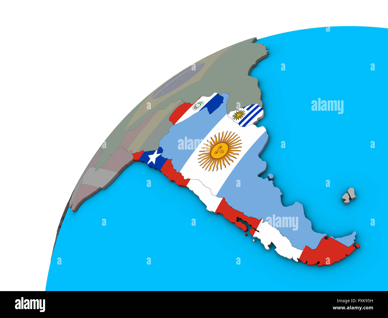 Southern Cone with national flags on 3D globe. 3D illustration Stock ...