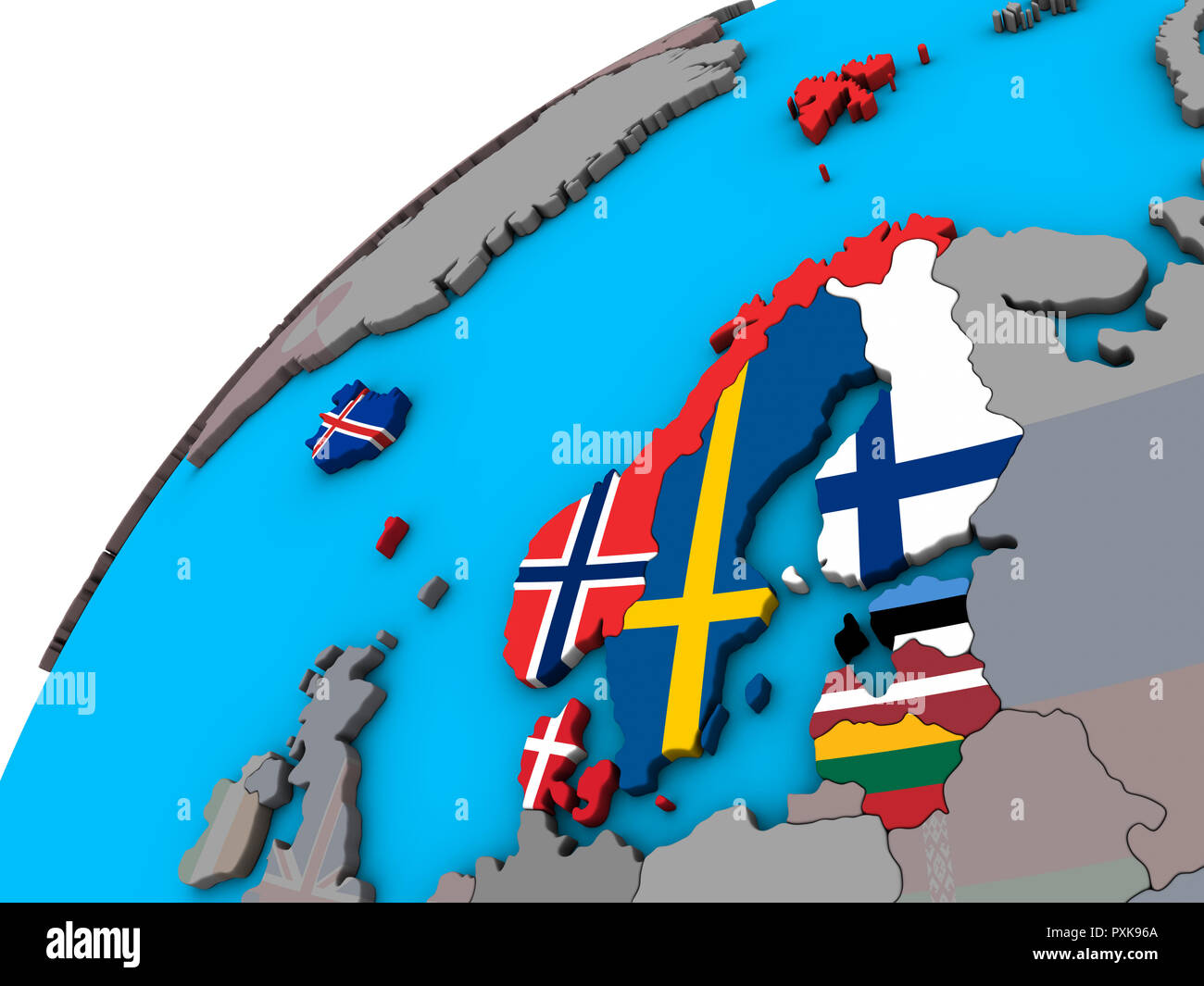 Northern Europe with national flags on 3D globe. 3D illustration Stock ...