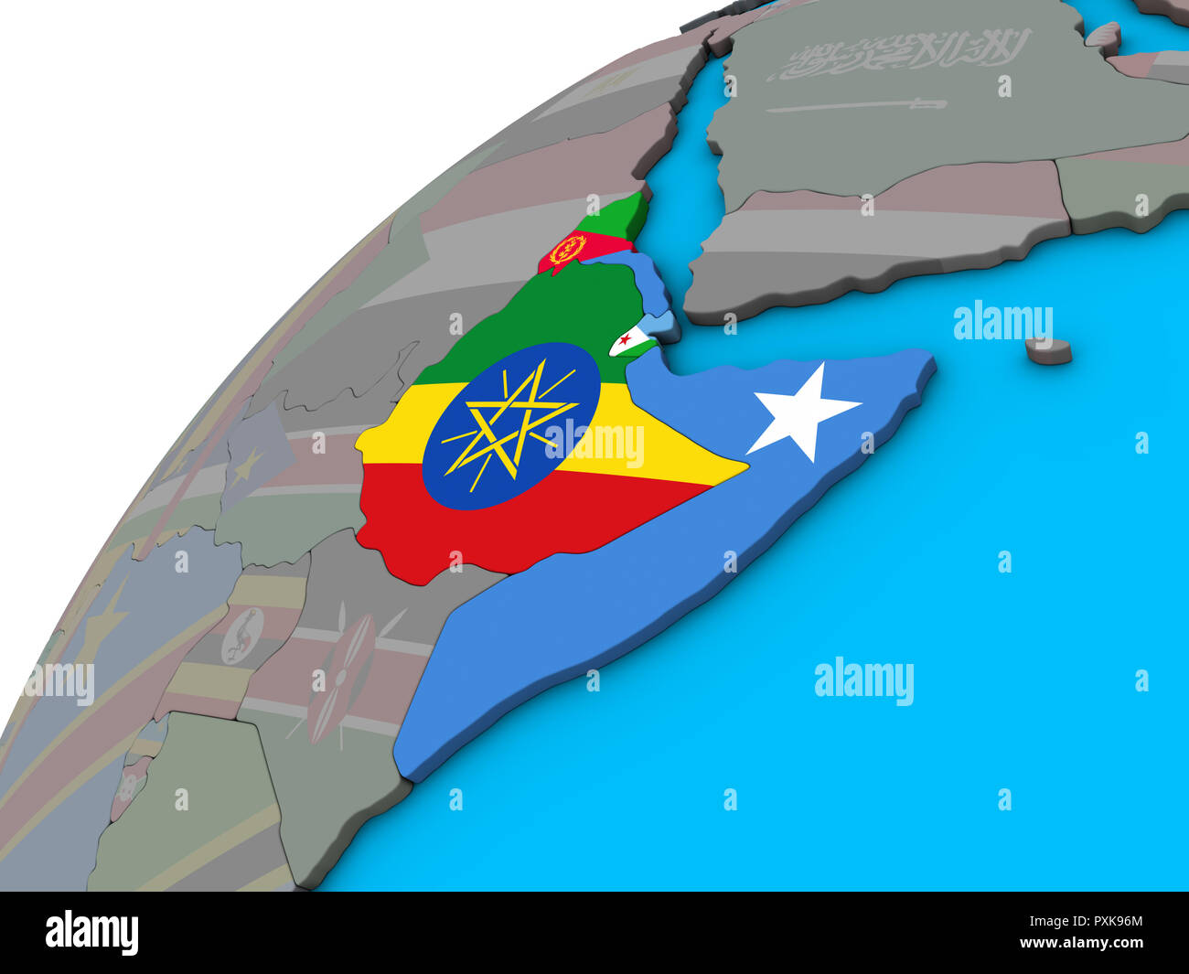 Horn of Africa with national flags on 3D globe. 3D illustration Stock ...