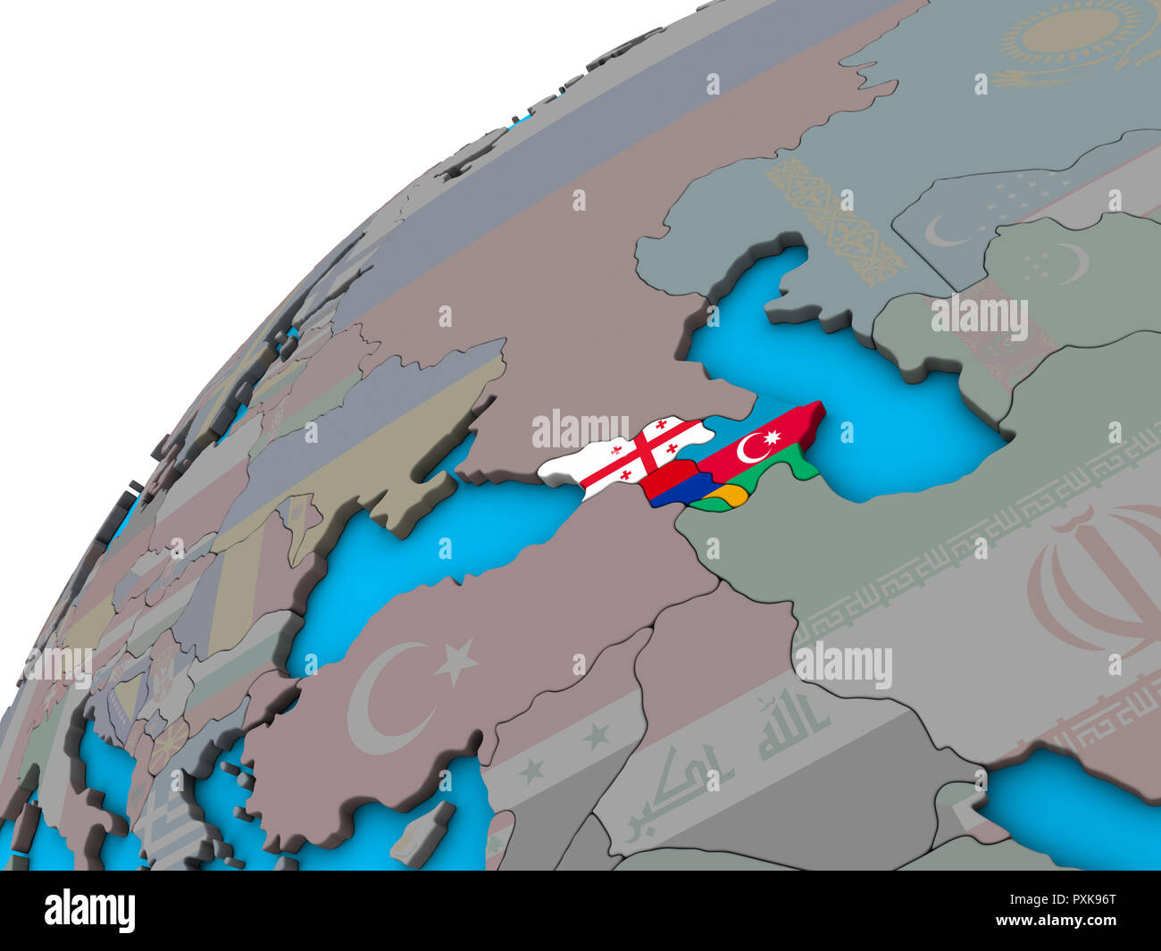 Caucasus region with national flags on 3D globe. 3D illustration Stock ...