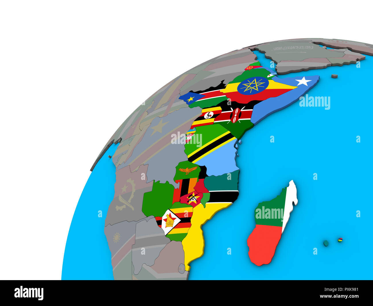 East Africa with national flags on 3D globe. 3D illustration Stock ...