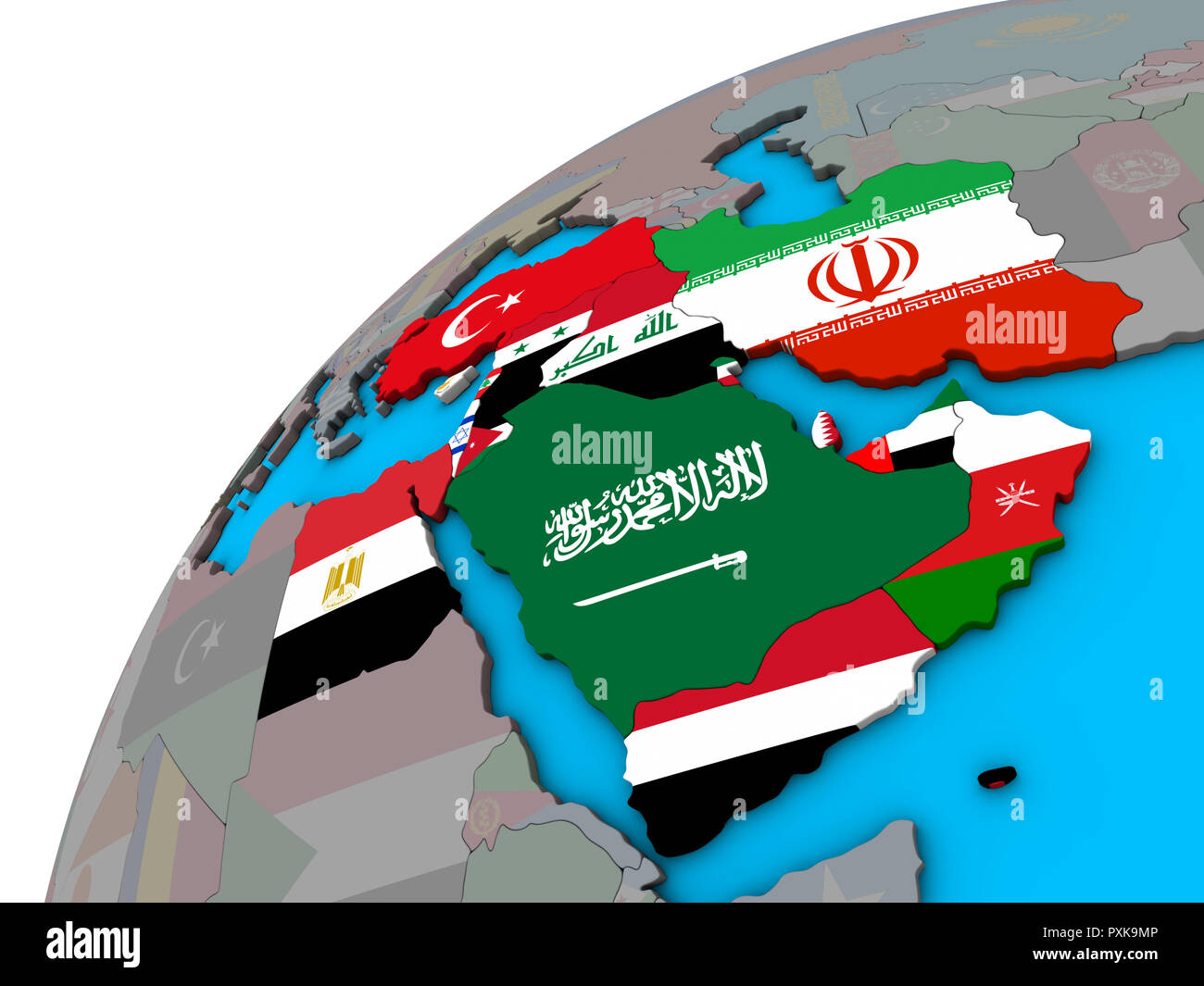 Middle East with national flags on 3D globe. 3D illustration Stock ...