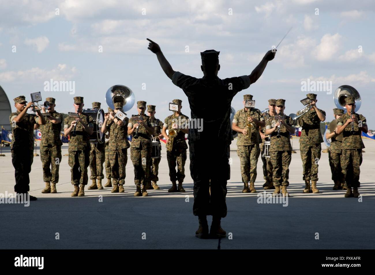 U.S. Marines assigned to the 2nd Marine Aircraft Wing band performs ...