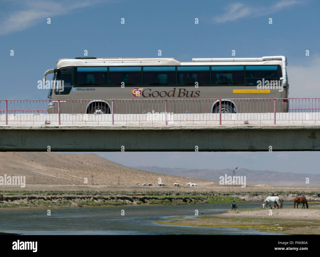 Tour Bus crossing the Tuul River, Tuuv Aimag, Mongolia Stock Photo - Alamy