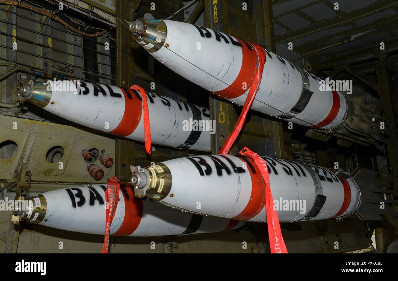 Quick Strike MK-62 mines hang in the bomb bay of a B-52H Stratofortress ...