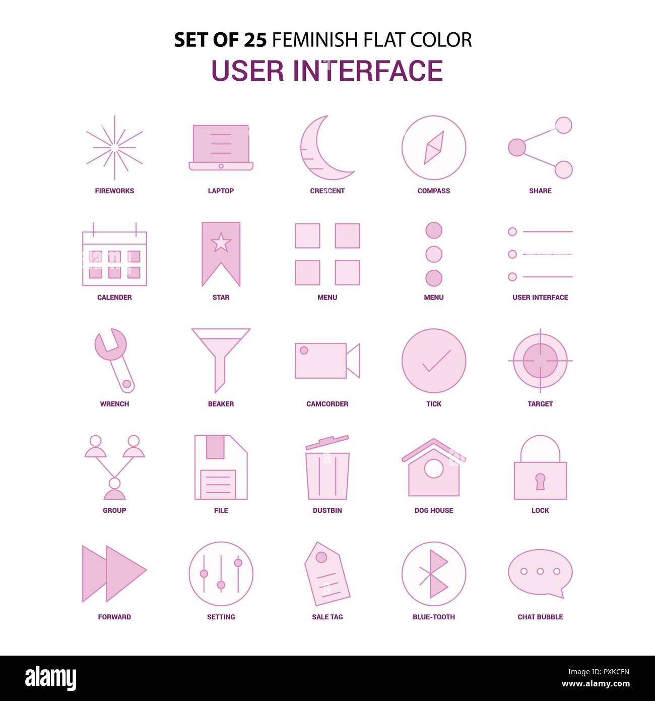 Set of 25 Feminish User Interface Flat Color Pink Icon set Stock Vector ...