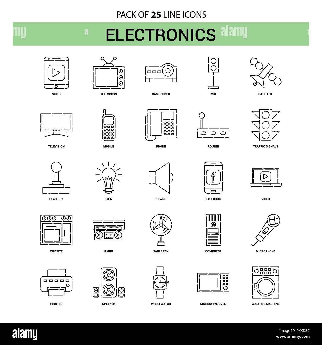 Electronics Line Icon Set 25 Dashed Outline Style Stock Vector Image