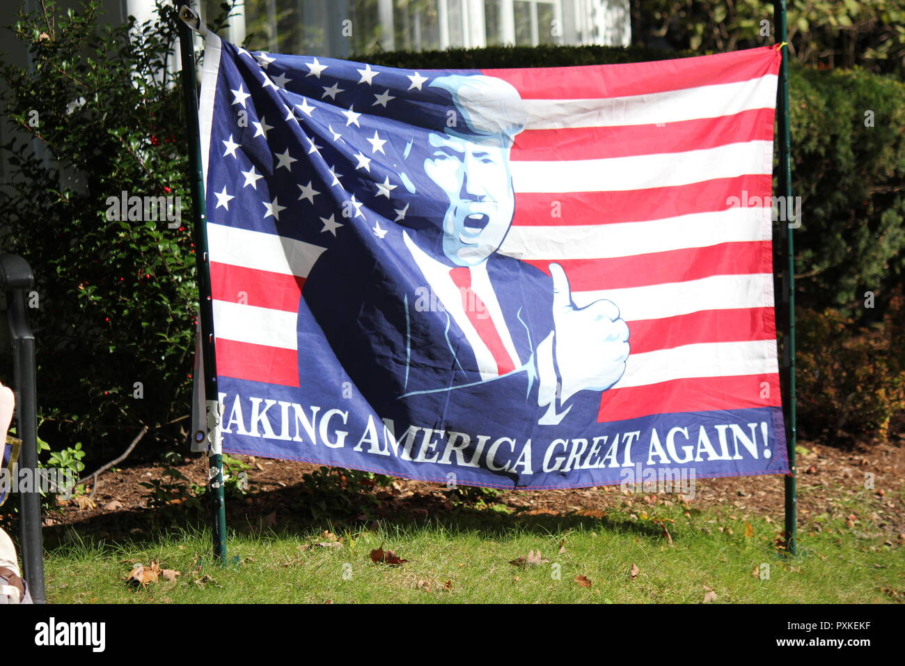 Making America Great Again flag hung on the front lawn of a residential ...