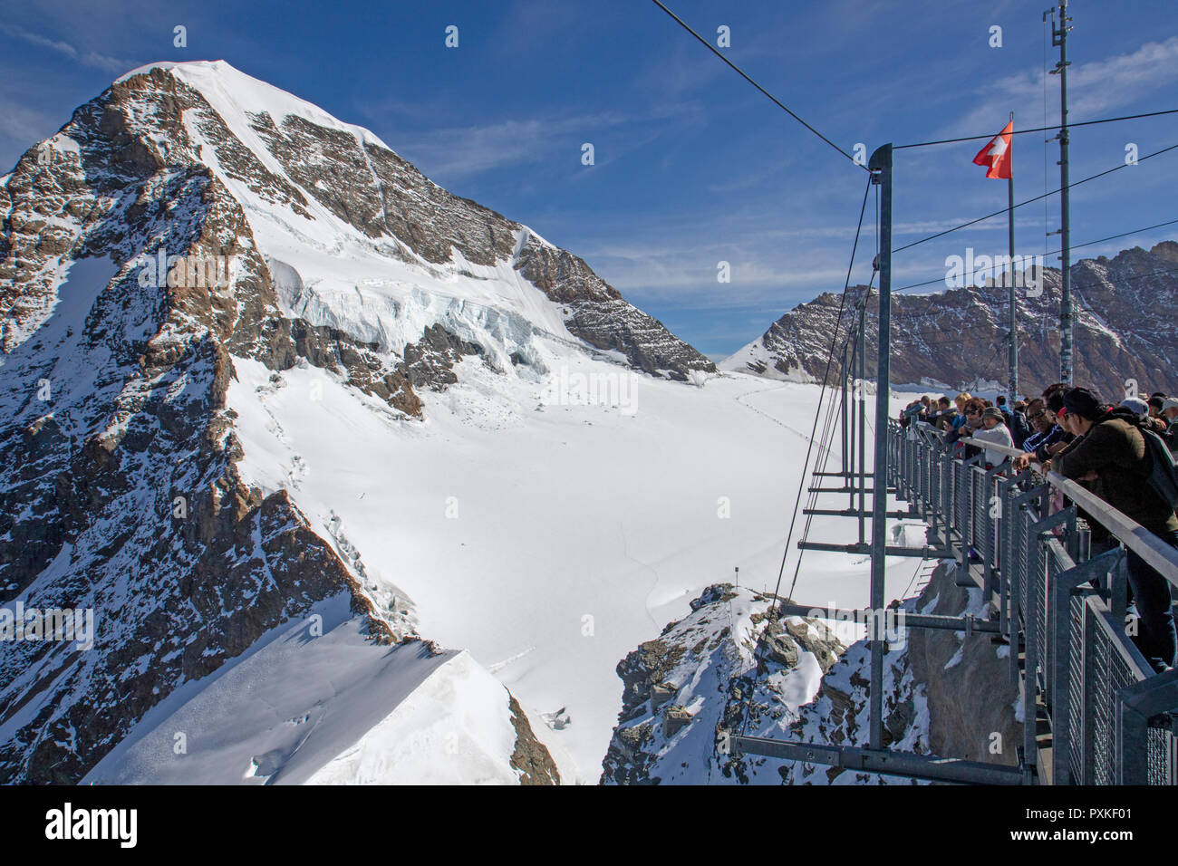 Visitors at Jungfraujoch,with Monch behind Stock Photo - Alamy