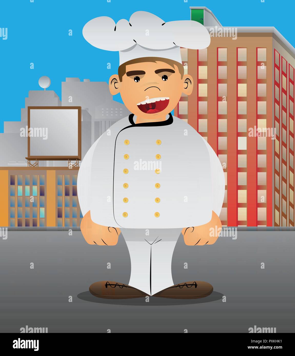 Fat male cartoon chef in uniform standing. Vector illustration Stock ...