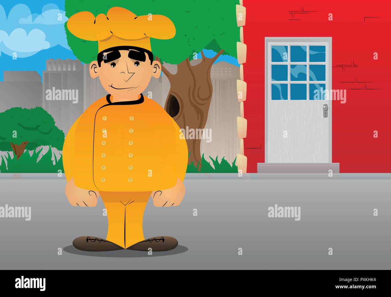 Fat male cartoon chef in uniform standing. Vector illustration Stock ...