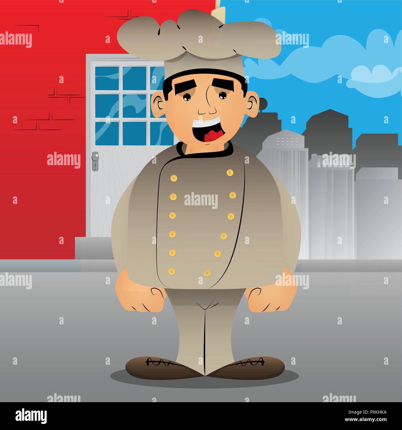 Fat male cartoon chef in uniform standing. Vector illustration Stock ...