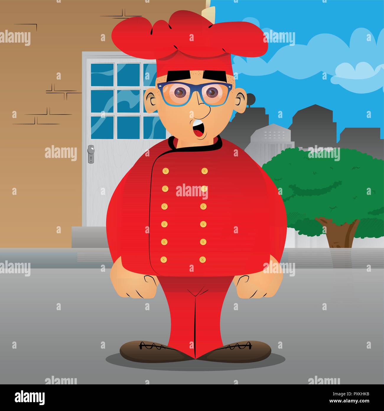 Fat male cartoon chef in uniform standing. Vector illustration Stock ...