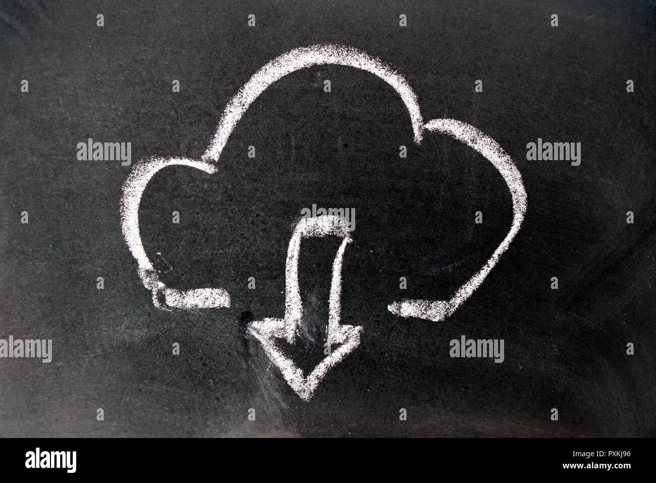 White chalk drawing as cloud and down arrow icon on black board ...