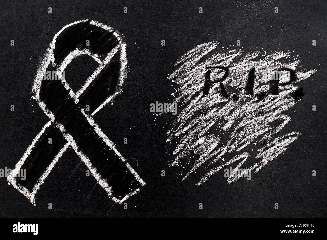 White chalk drawing as black ribbon shape on black board background ...