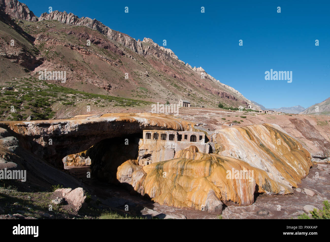 The Inca baths, a sort of base camp for the climb Aconcagua Stock Photo ...