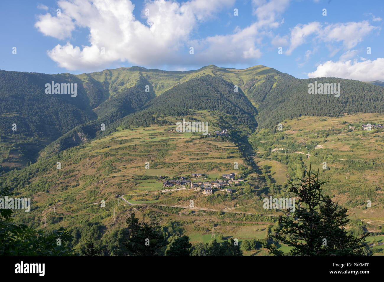 Mountains through the valley of aran in the pyrenees, Lleida Stock ...