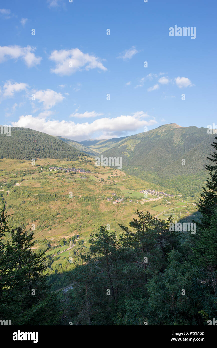 Mountains through the valley of aran in the pyrenees, Lleida Stock ...