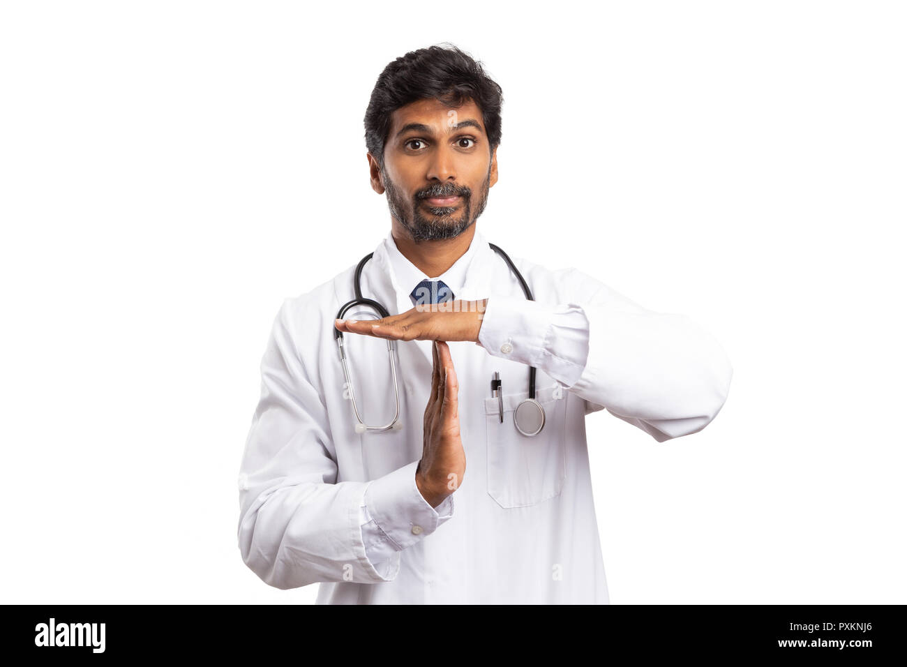 Indian doctor making time out sign with palms as break or pause concept ...