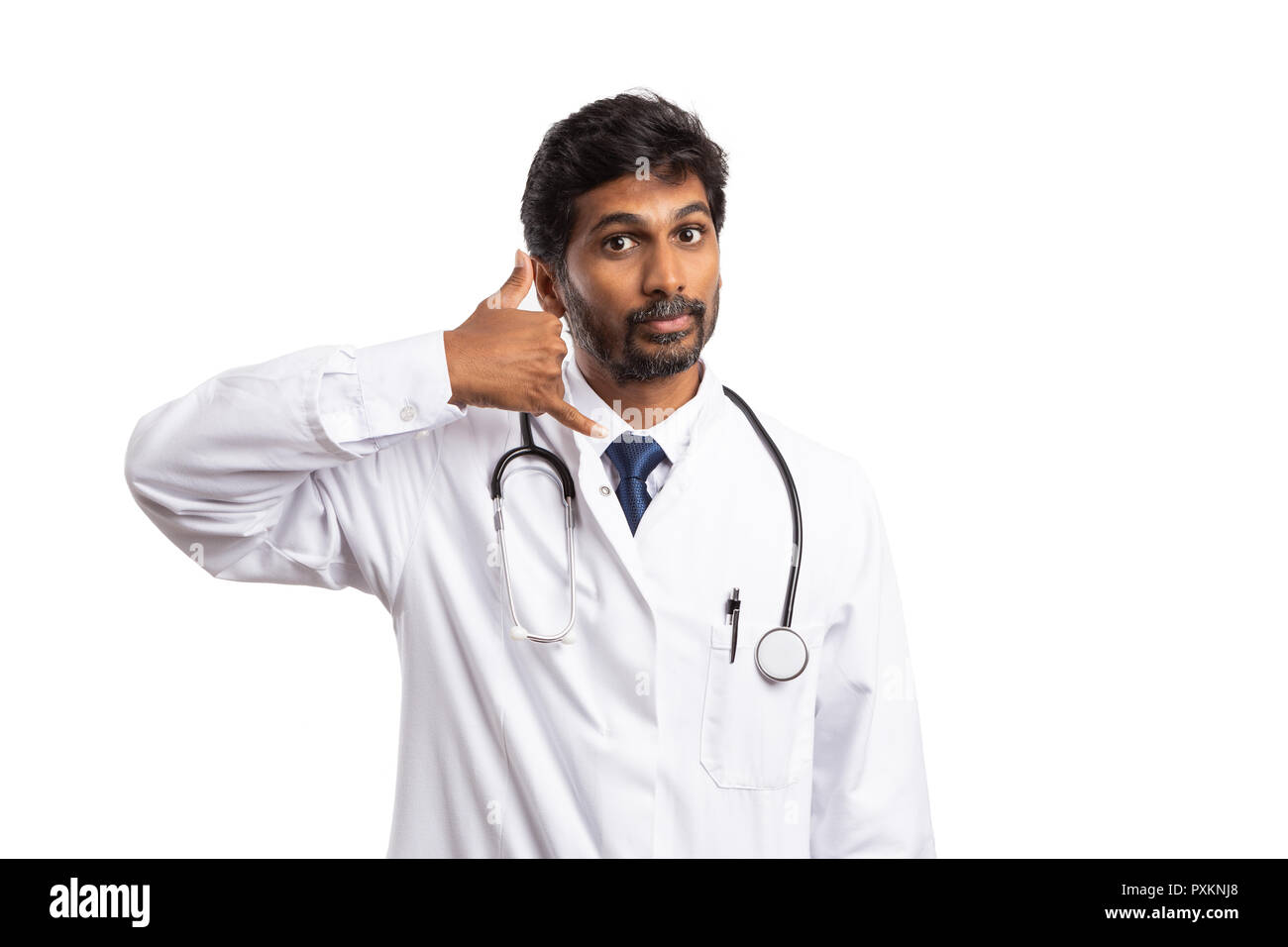 Serious indian medic or doctor call me gesture with fingers as phone ...