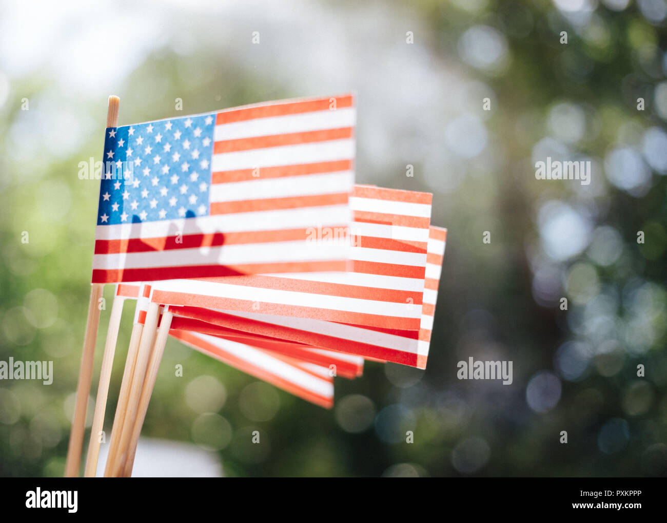 Miniature paper flags USA. American Flag on blurred background outdoors ...