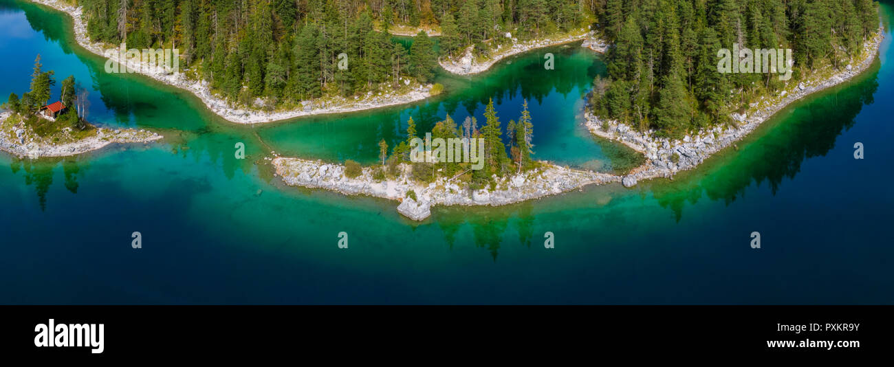 Aerial view, Eibsee lake with Islands in the autumn near Grainau, Upper ...