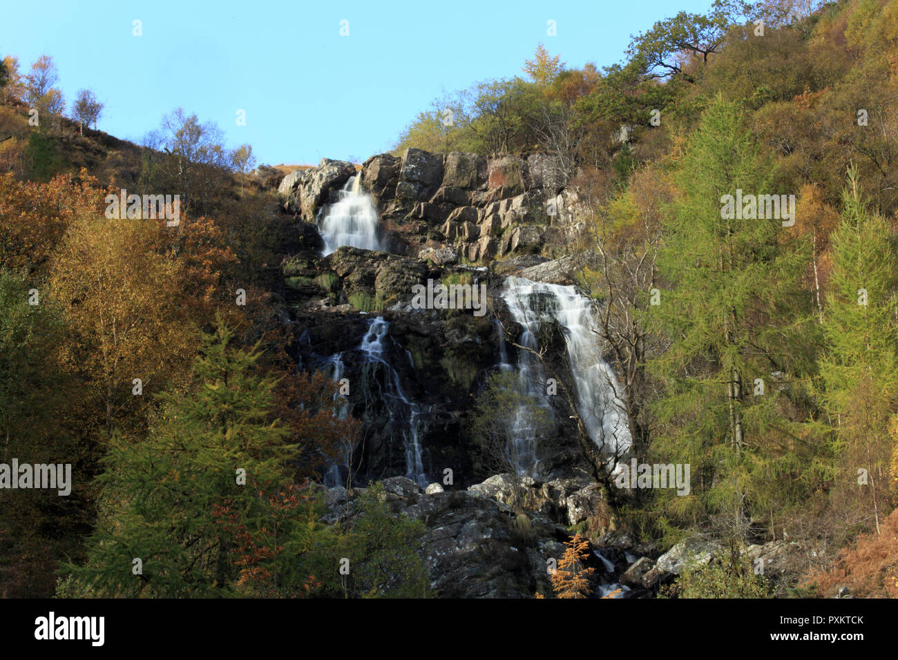 Rhiwargor waterfall on the river Eiddew near Lake Vyrnwy, Powys, Wales ...