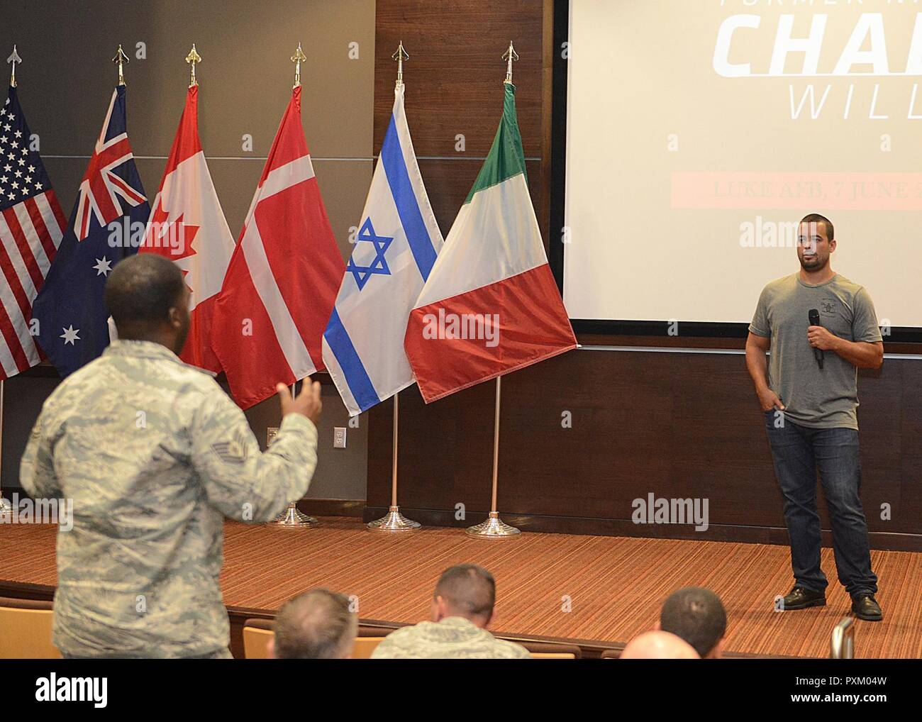 Former Navy SEAL Chad Williams, answers questions from Airmen June 7 ...