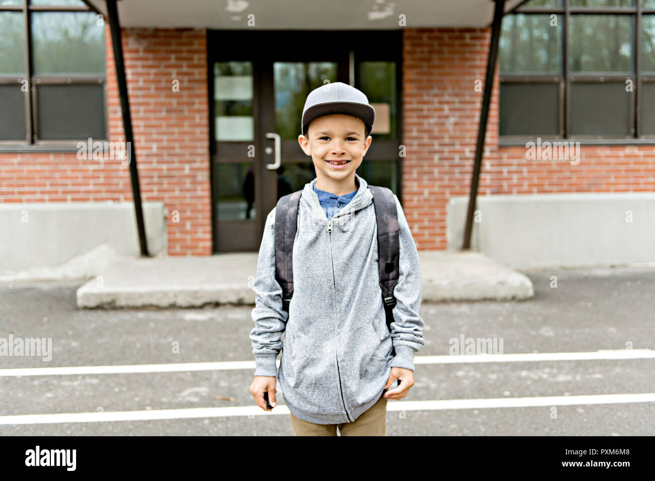 A Portrait of cute boy with backpack outside of school Stock Photo - Alamy