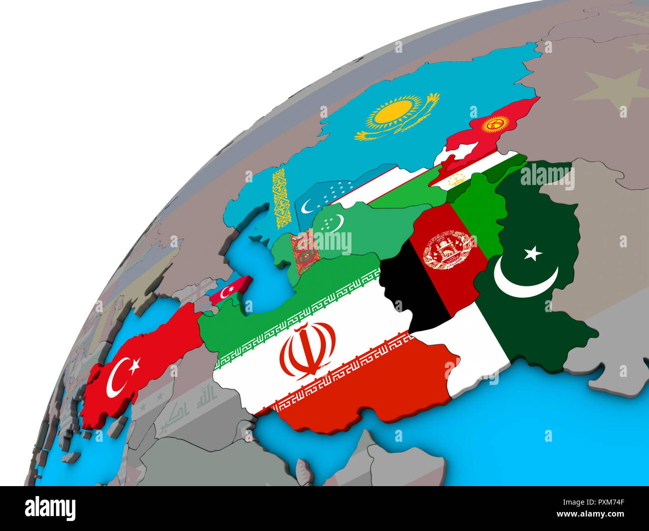 ECO member states with national flags on 3D globe. 3D illustration ...