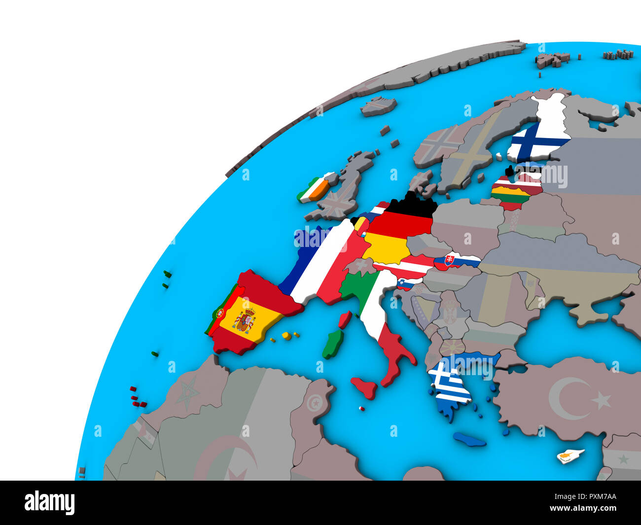 Eurozone member states with national flags on 3D globe. 3D illustration ...