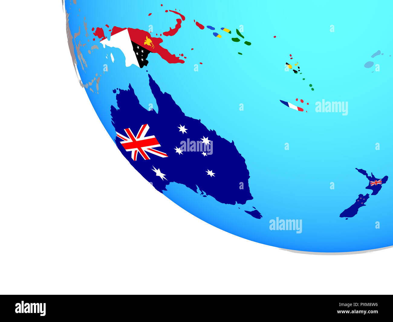 Australia with national flags on simple globe. 3D illustration Stock ...