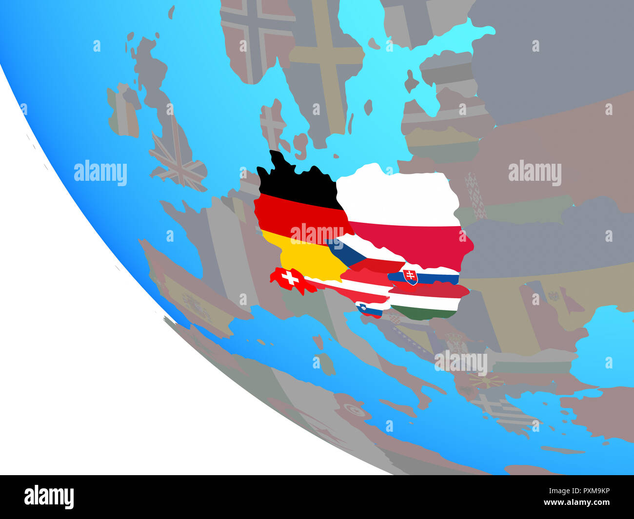 Central Europe with national flags on simple globe. 3D illustration ...